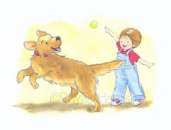 Children's Wall Art Print Playing Fetch Golden