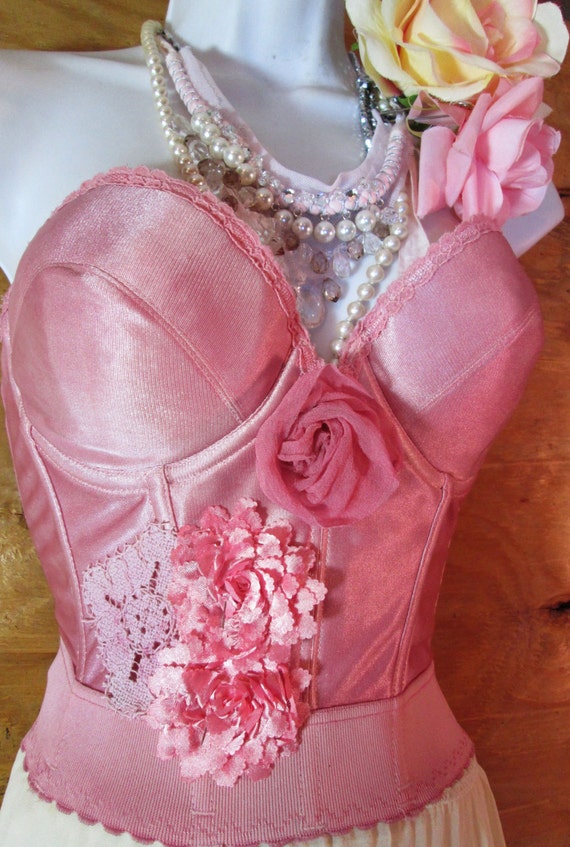 Items similar to Pink roses bustier vintage romantic 36C by vintage ...