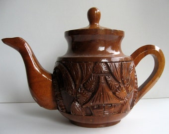 Vintage Carved Wooden Teapot