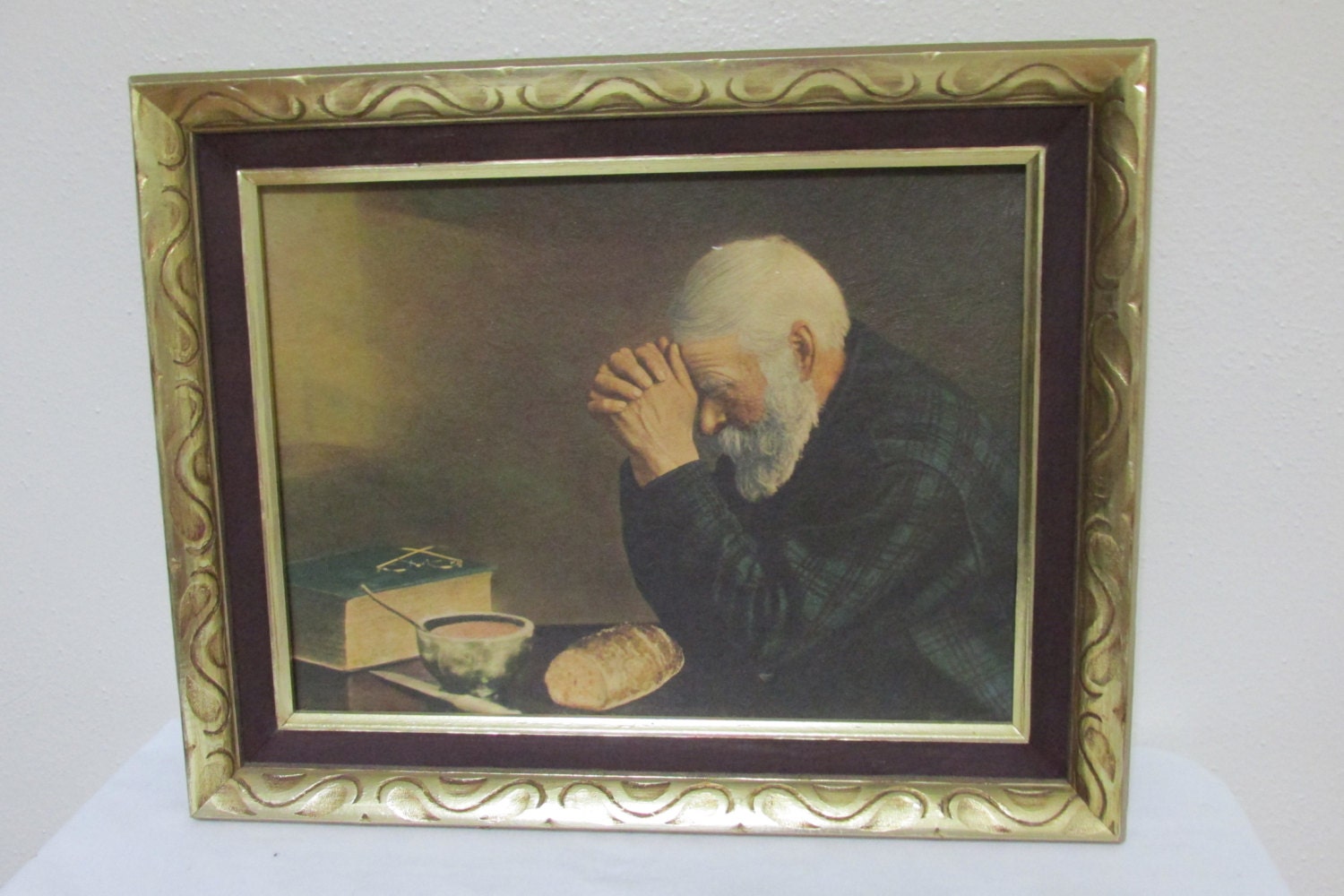 Vintage Picture Grace Old Man Praying over Bread 10 x 13