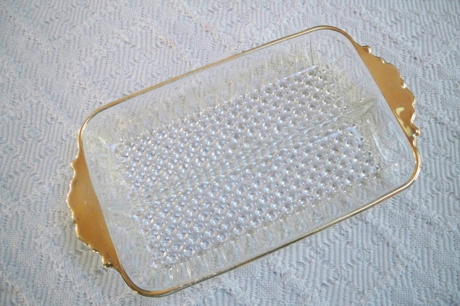 Vintage Dining Serving Glass Divided Dish Gold Trim Bubble Glass Pickle ...