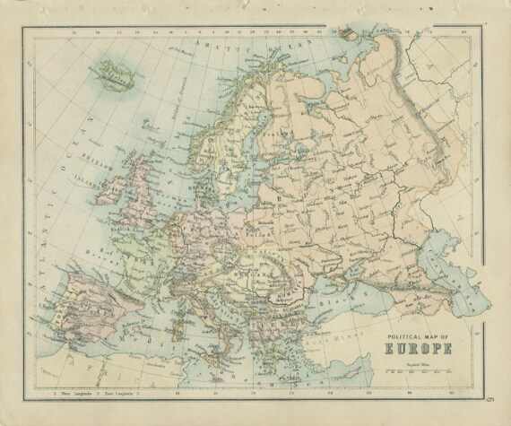 Items similar to 1895, Antique Political Map of Europe, World Map 6 ...