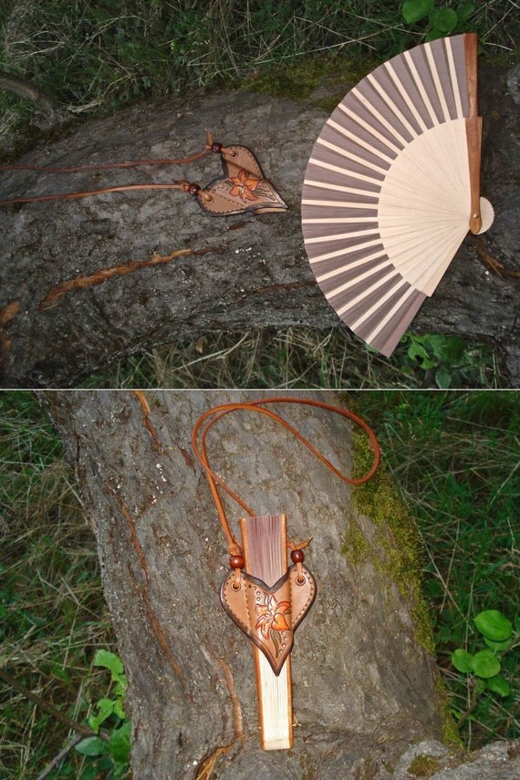 Tooled Leather Fan Holder Plus Bamboo/Paper Fan