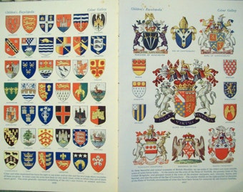 Antique Heraldry Shields Coats of Arms Chart (2)1930's Bookplate Color ...
