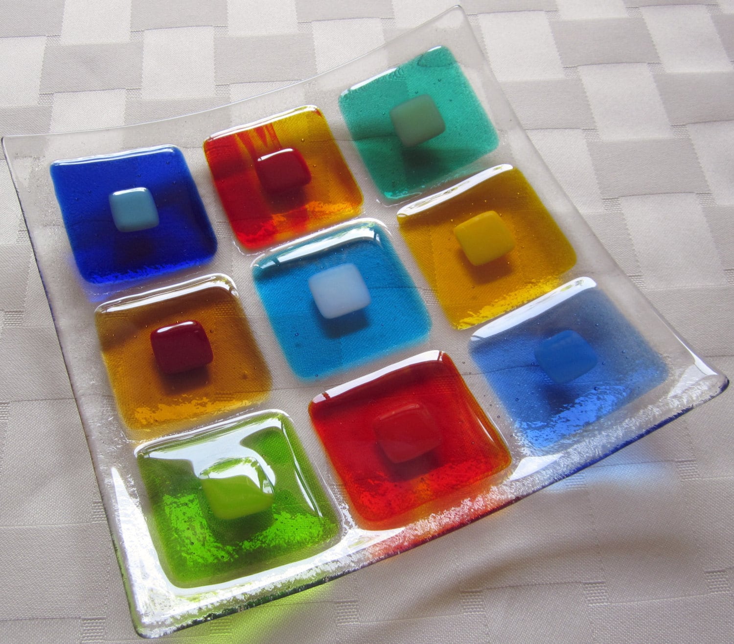 Fused Glass Plate Colorful Double Squares