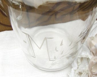 Vintage Monogrammed M Glass Pitcher Personalized Barware 2L