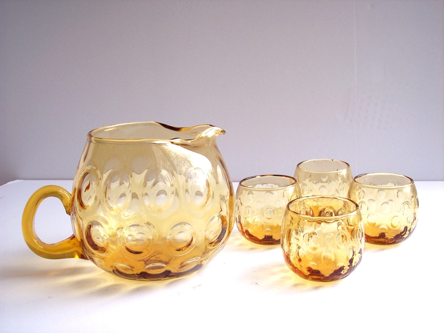 Vintage Amber Roly Poly Glass Martini Pitcher and Glasses Set