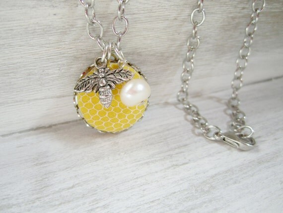 Items similar to Bee Jewelry Silver Bee Charm Necklace Yellow Honeybee ...