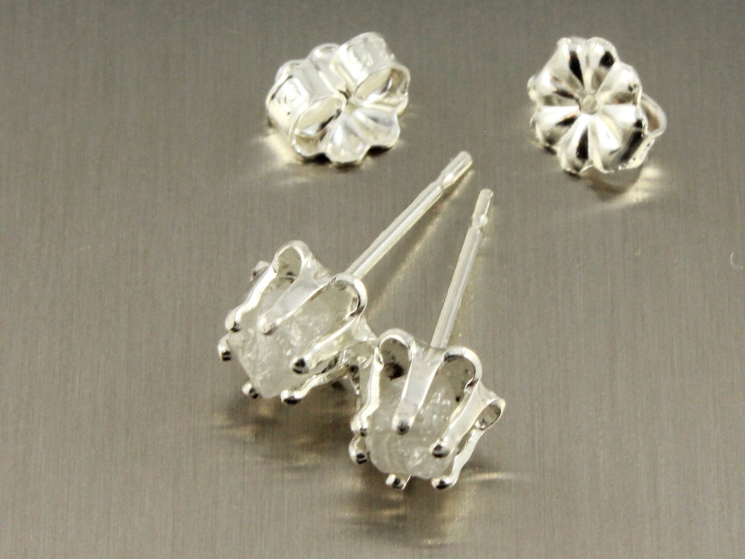 Buttercup Style Post Earrings with Rough Diamonds Silver