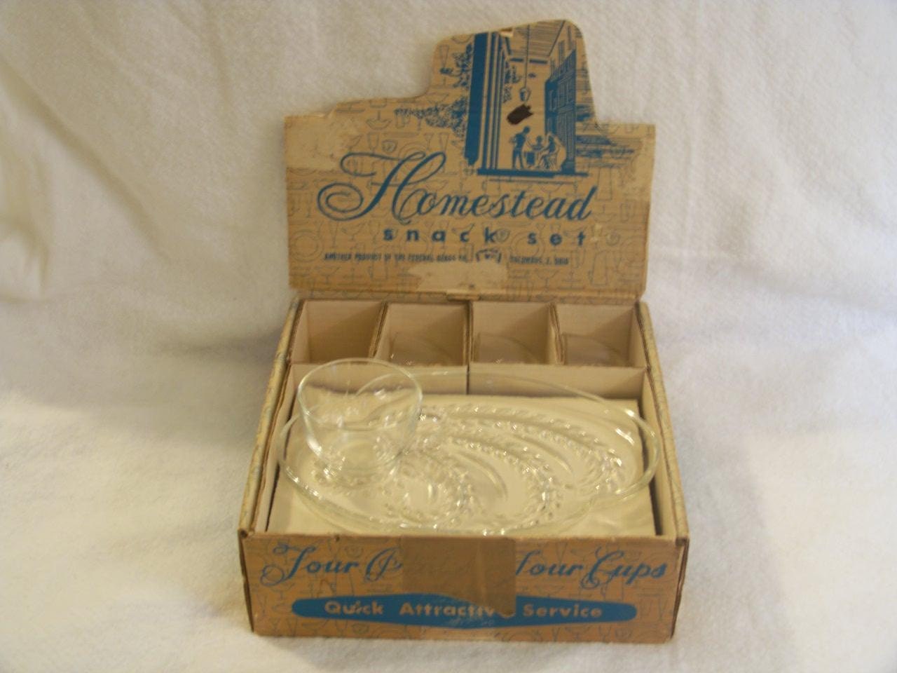 Vintage Mid Century Pressed Glass Homestead Snack Set-Set Of 4 Snack ...