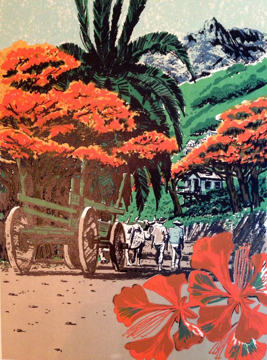 Vintage 1950s 1960s Puerto Rico Pava Prints Escena