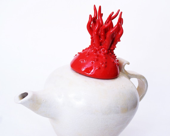 Items similar to Glossy pearl teapot with glossy red top on Etsy