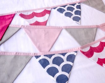 Pink, Grey, Gray, Blue Cotton Bunting Flags, Pennant Fabric Banner ...
