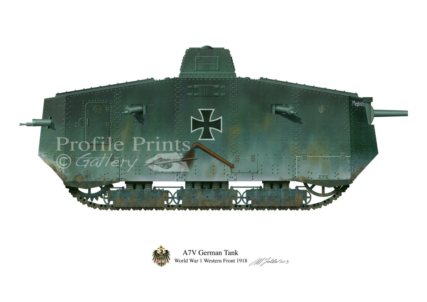 A7V vintage German Tank 1918 Profile Artwork A5 / A4 Glossy