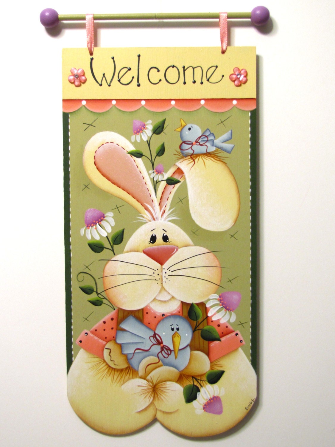 Bunny Welcome Banner Blue Birds Daisies by ToleTreasures on Etsy
