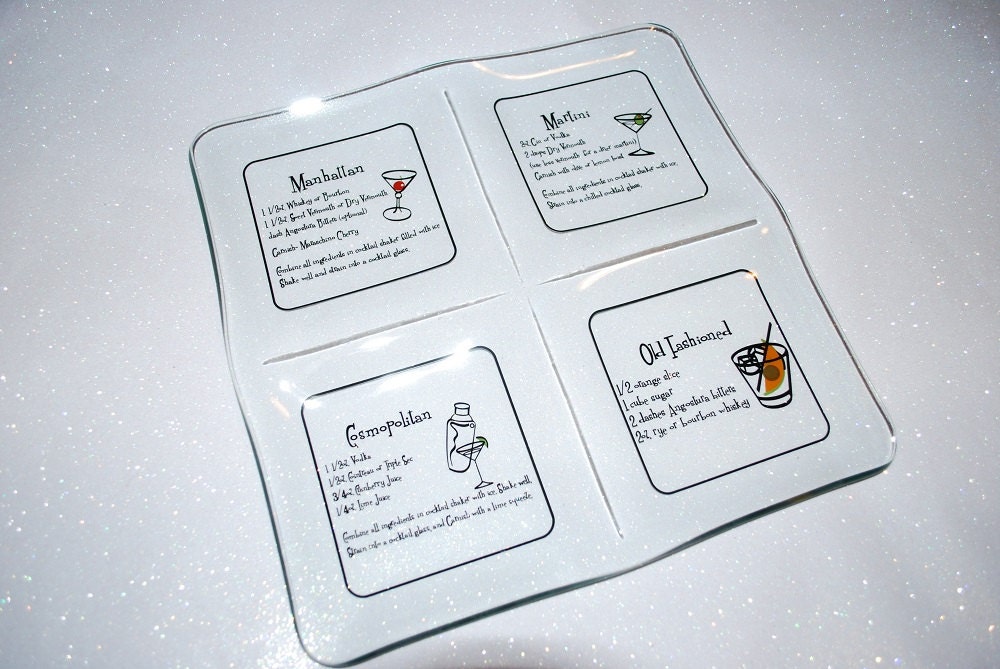 Vintage Cocktail Recipes Glass Barware Tray – Appetizer Serving Tray ...