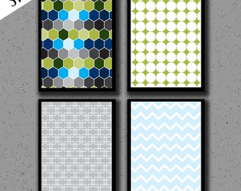 Set of 4 Pattern Prints, Geometric, Stencil, Chevron, Decor, Nursery ...