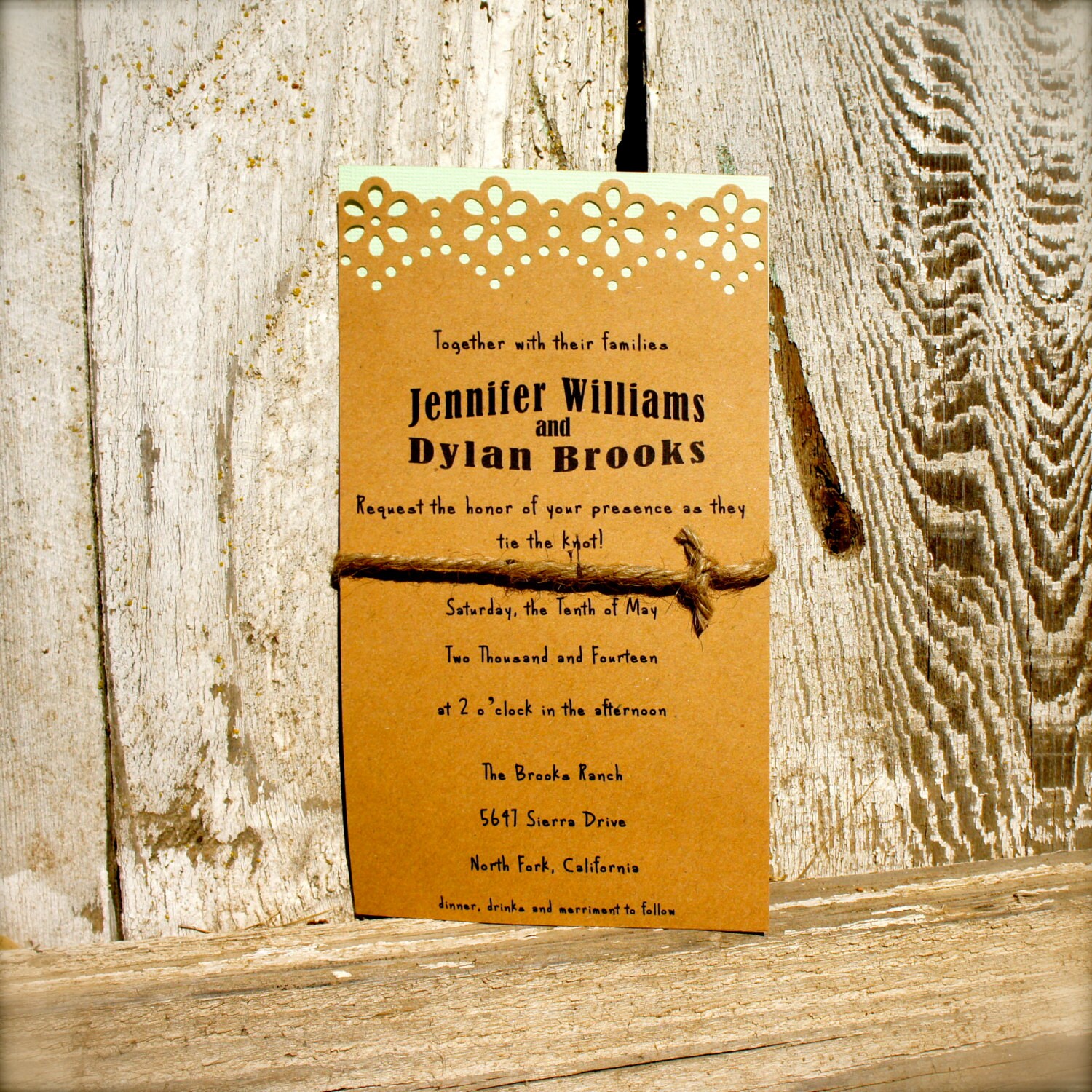 Rustic Invitation / wedding lace country rope tie the knot kraft paper ...