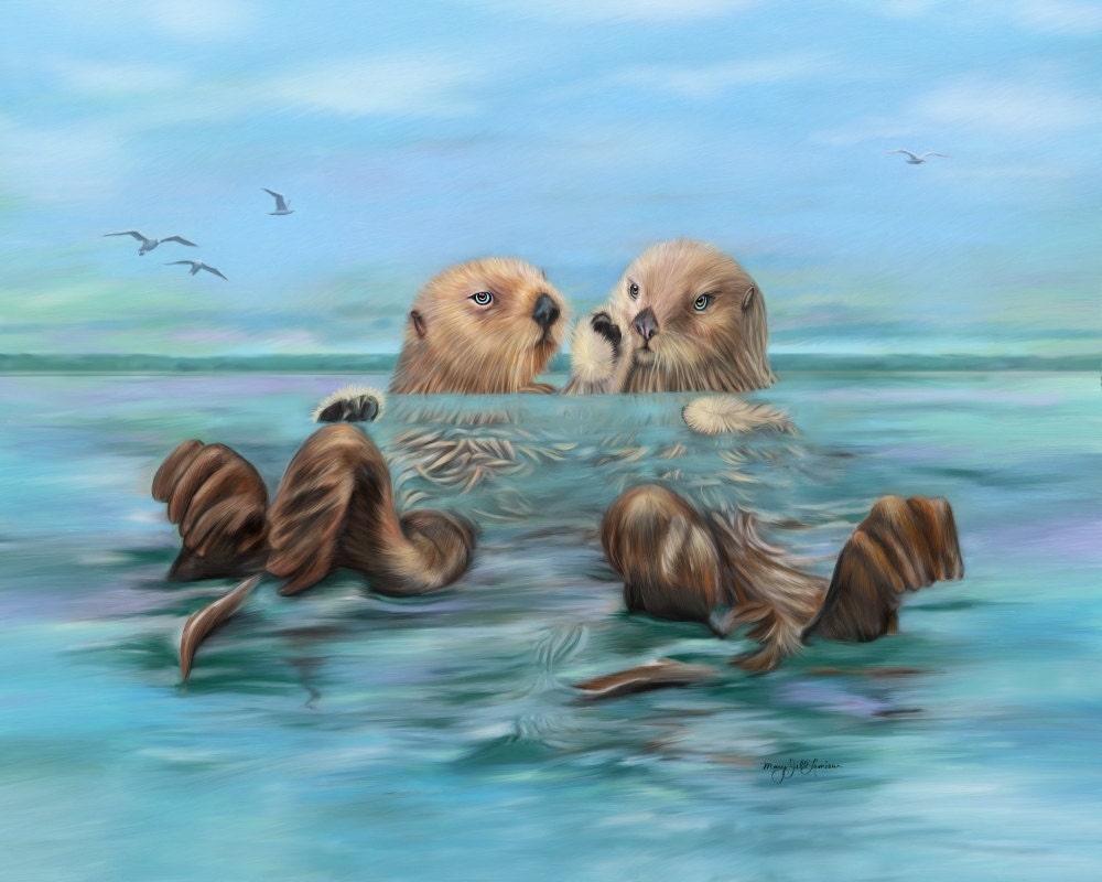 Sea Otter art Painting giclee on Canvas Sea Otters holding