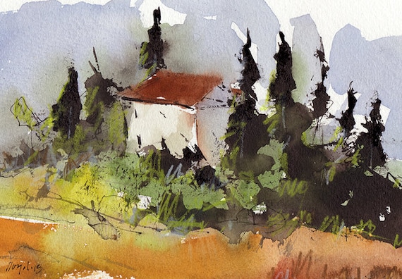 Original Painting Ink Landscape Watercolor Sketch 5x7 Line and