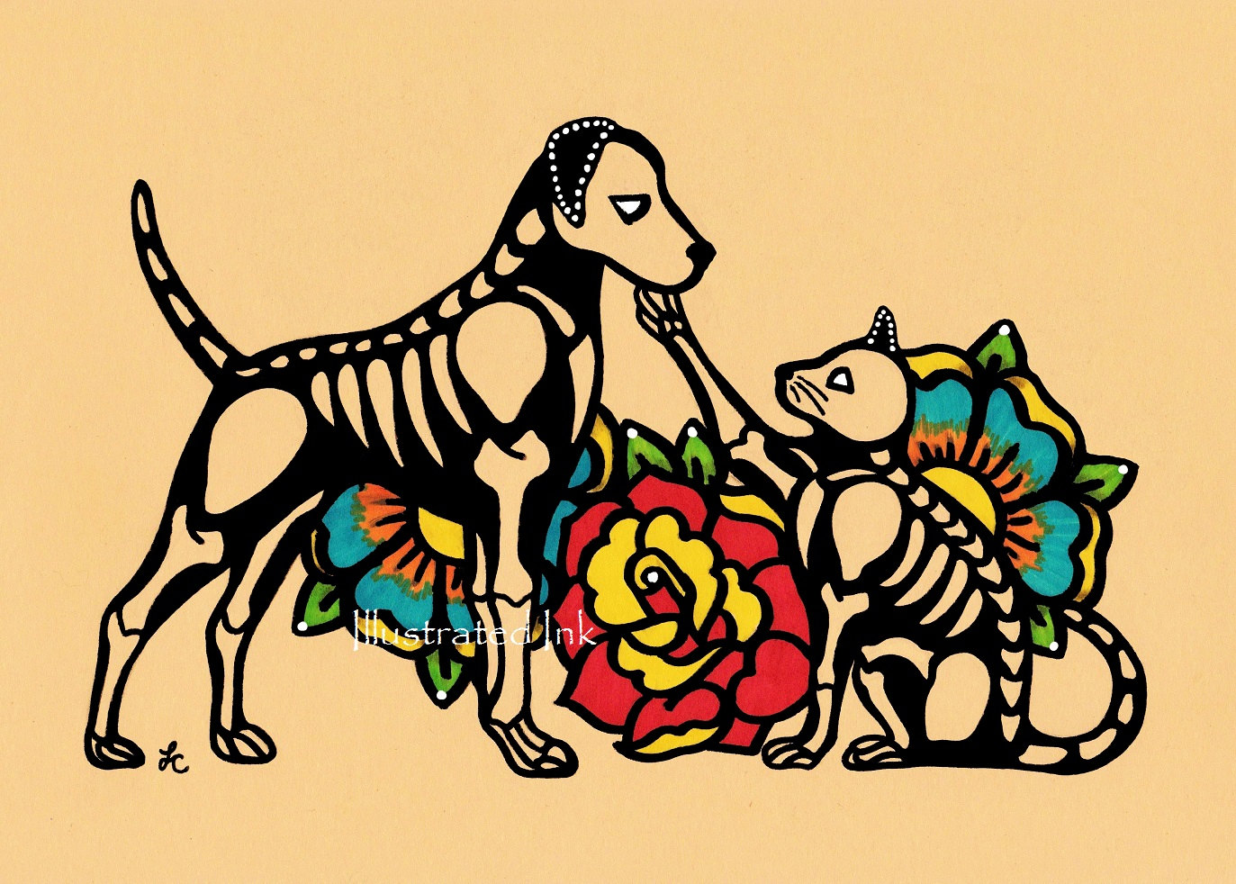 Dia de los Muertos DOG and CAT Day of the Dead Art Print 5 x