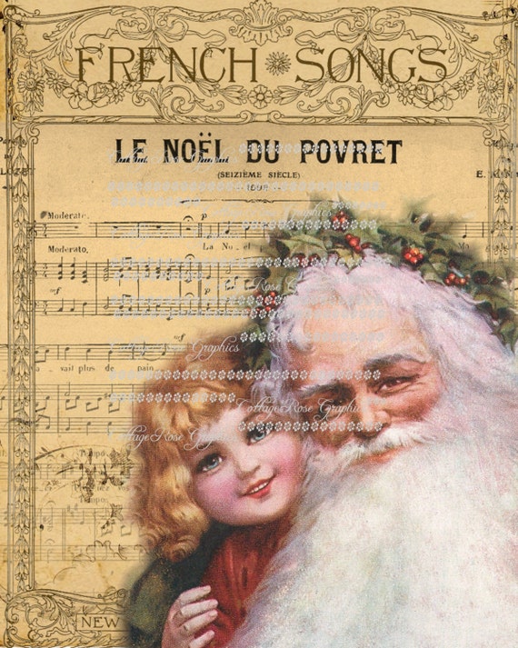 Vintage Santa French Songs Music Christmas Large digital