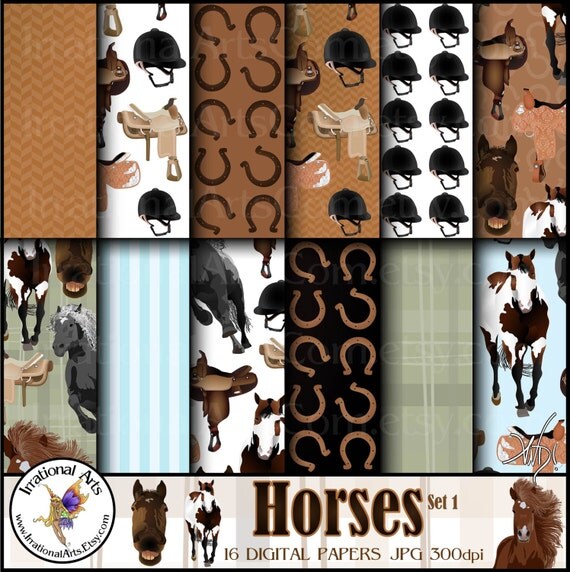 Horses Set 1 digital papers patterned with horses saddles