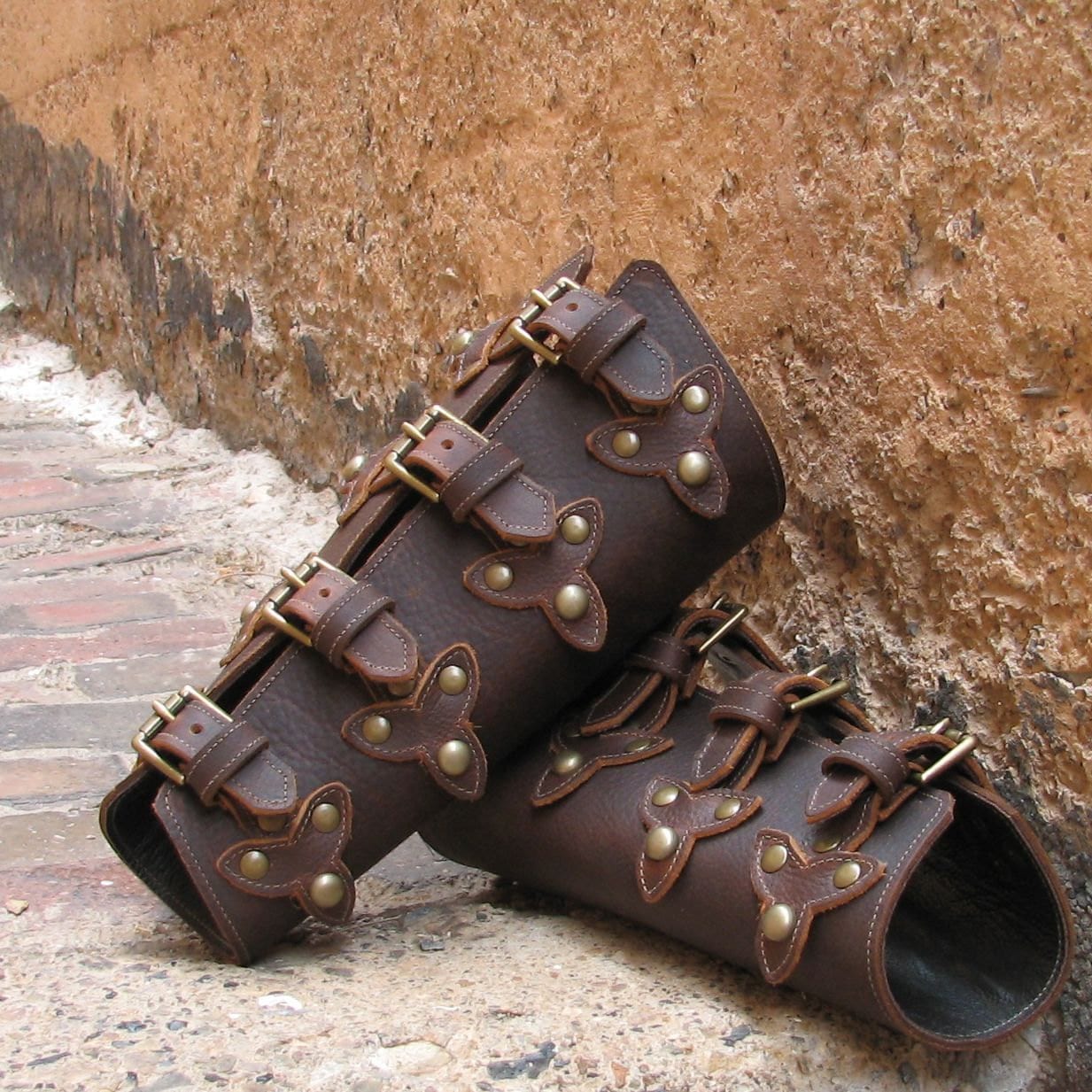 Oiled Brown Leather Bracers with Top Straps Scales and