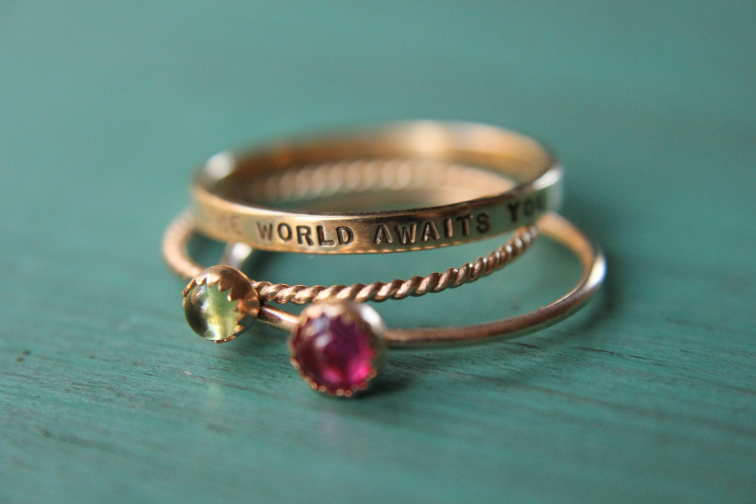2 solid 14k gold gemstone stacking rings and custom band set