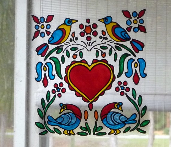 Pennsylvania Dutch style hearts birds and flowers. window