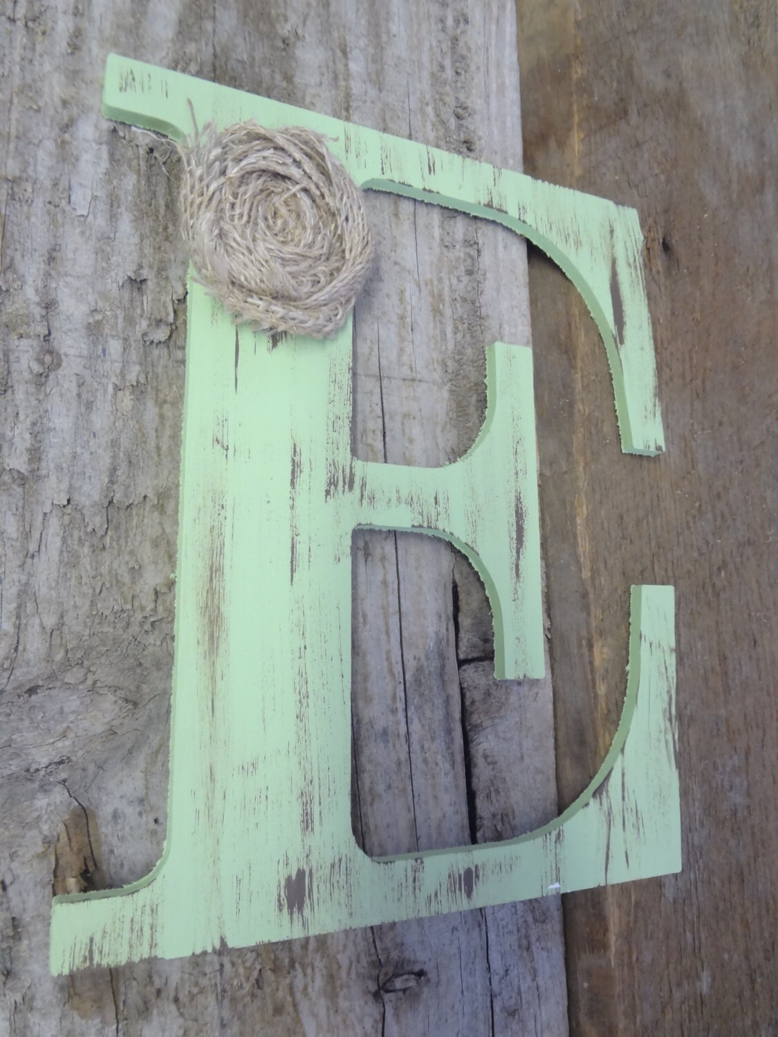 Green letter E Rustic Chic Wooden Letter burlap flower