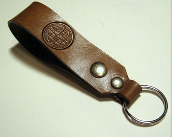 Tan Leather Key Fob Moon Pagan Wiccan Snap Loop for Belt or