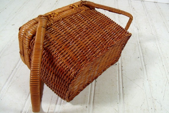 Petite Wicker Two Handled Basket Vintage Hand Woven