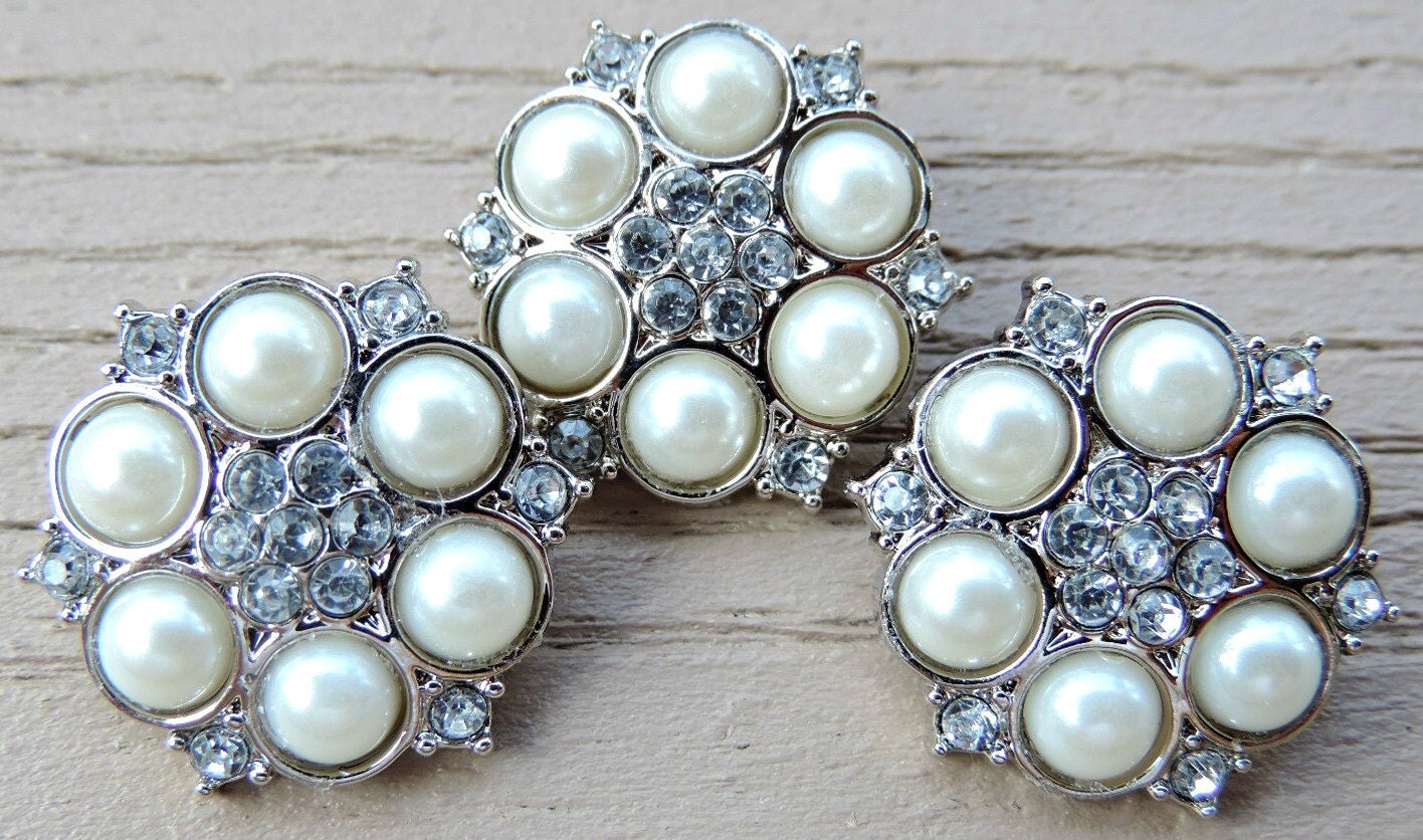 3 Rhinestone Pearl Buttons Plastic Acrylic by TheButtonSisters