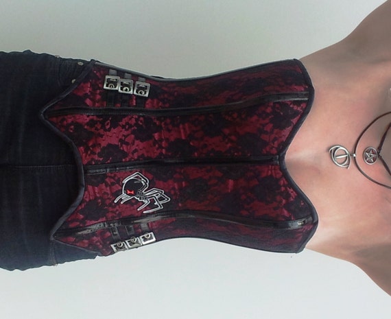 OOAK Dark Red Satin & Lace Corset with Black PVC Trim and