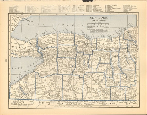 Map of Western New York State 1931 Vintage Blue and White