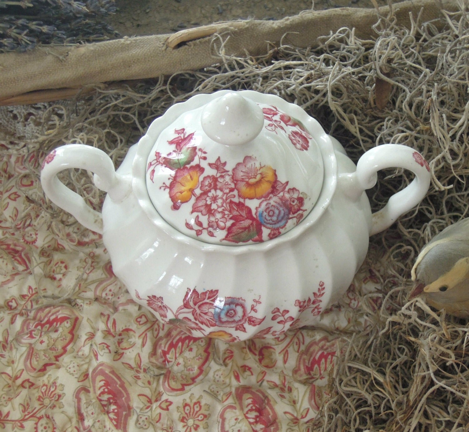 Vintage Chippy Red Transferware sugar Bowl / Cottage Chic / English ...