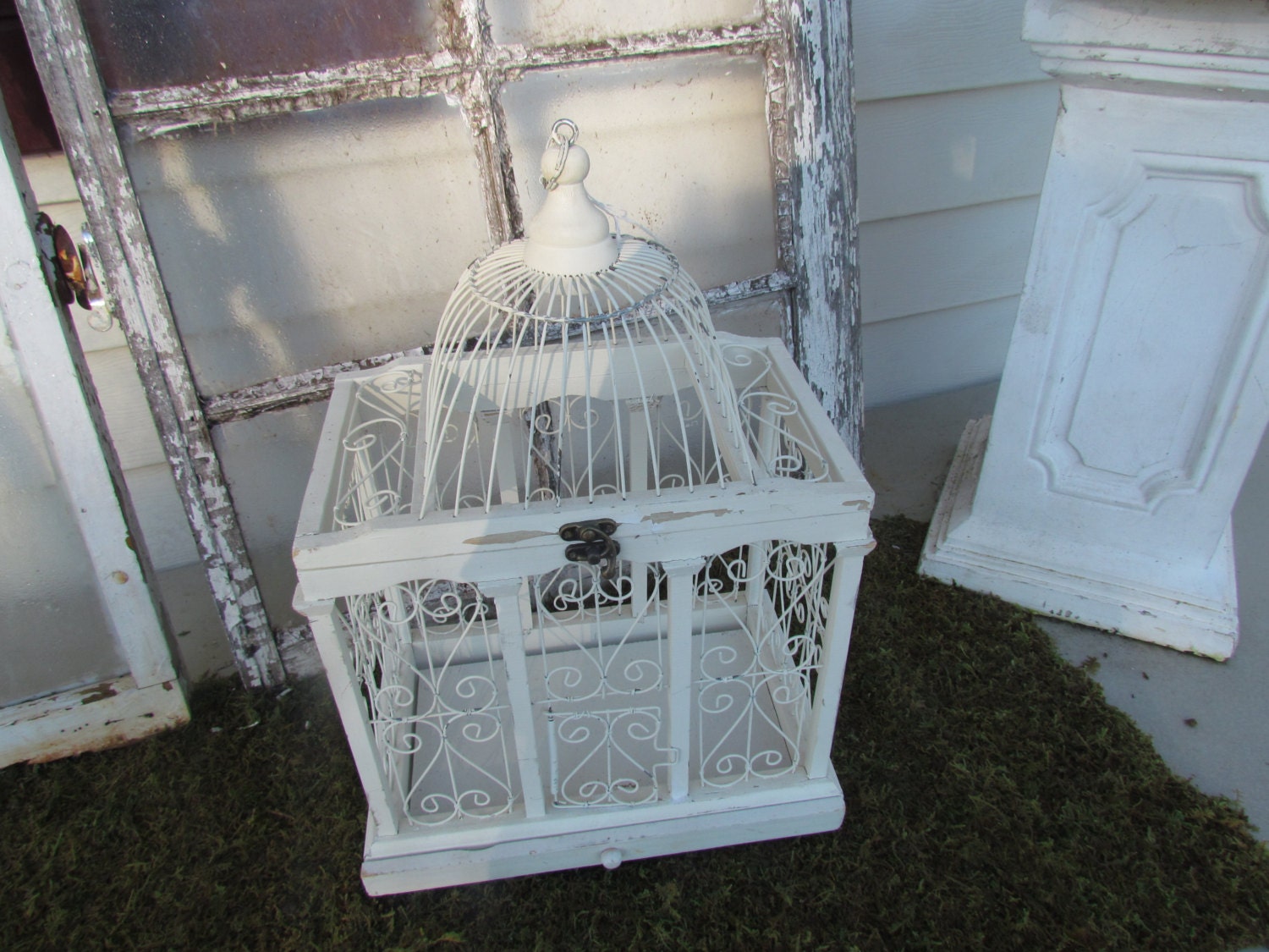 Antique Vintage Florentine Shabby Chic White Metal Wood Hanging Bird ...
