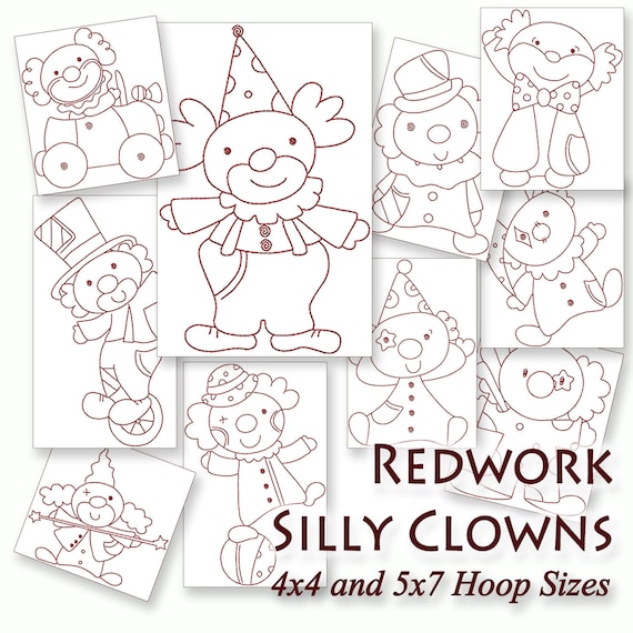 Redwork Silly Clowns Machine Embroidery Patterns / Designs - 4x4 and ...