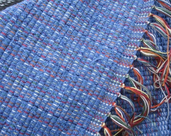 Dodger blue rag rug 43" x 26" hand woven bold medium blue recycled ...