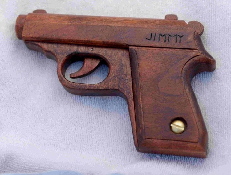 Hand-made wooden toy gun to scale Walther PPK moving by TedStudios