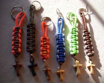six paracord keychains with handfinished hardwood cross.