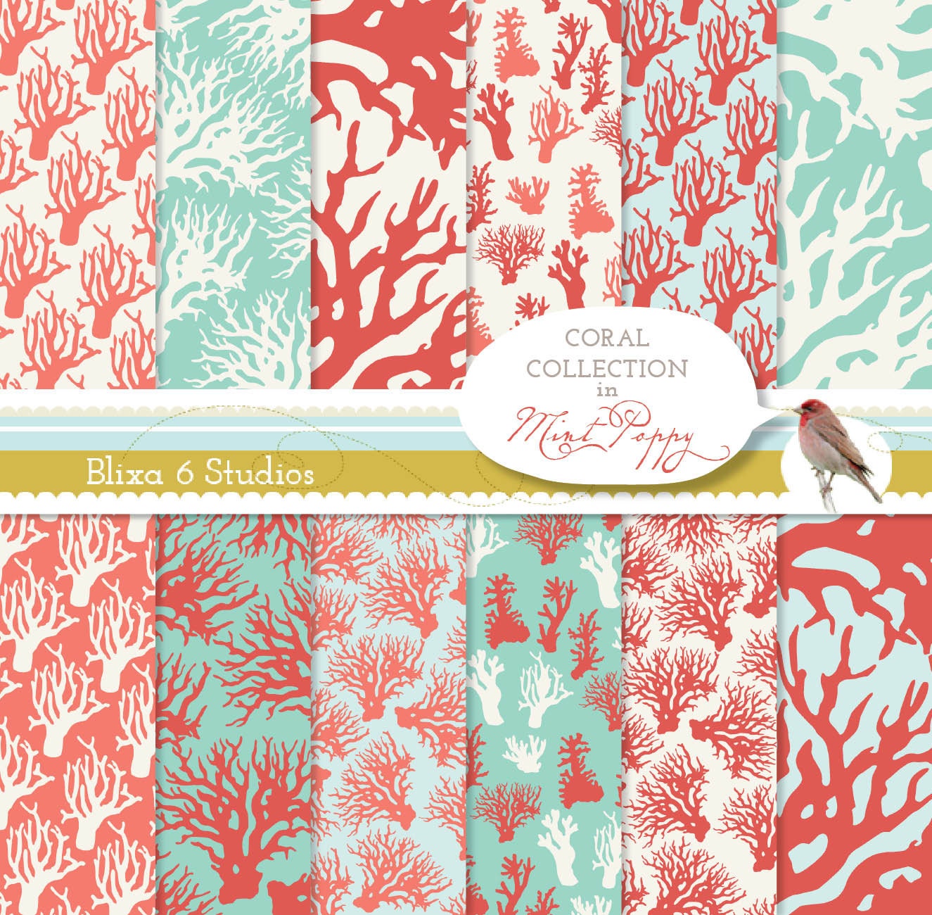 Aquatic Coral Digital Paper 12 Coral Patterns in Mint Coral
