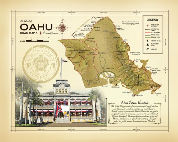 The Island of Oahu Iolani Palace Road map by KokuaDesignCompany