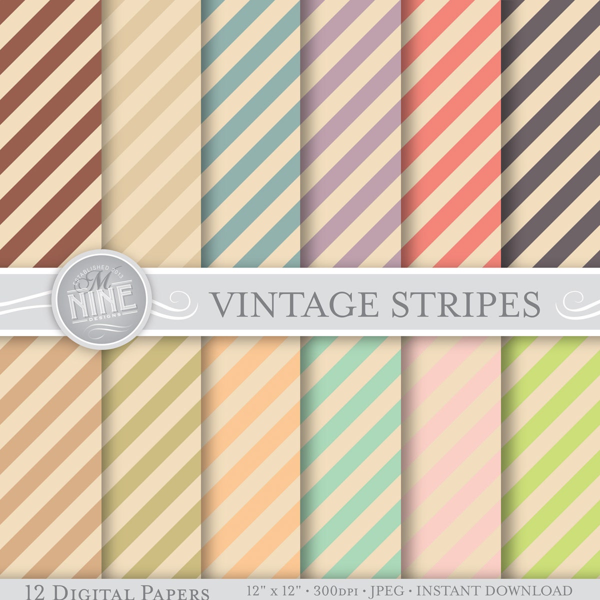 VINTAGE STRIPES Pattern Digital Paper 12 x 12