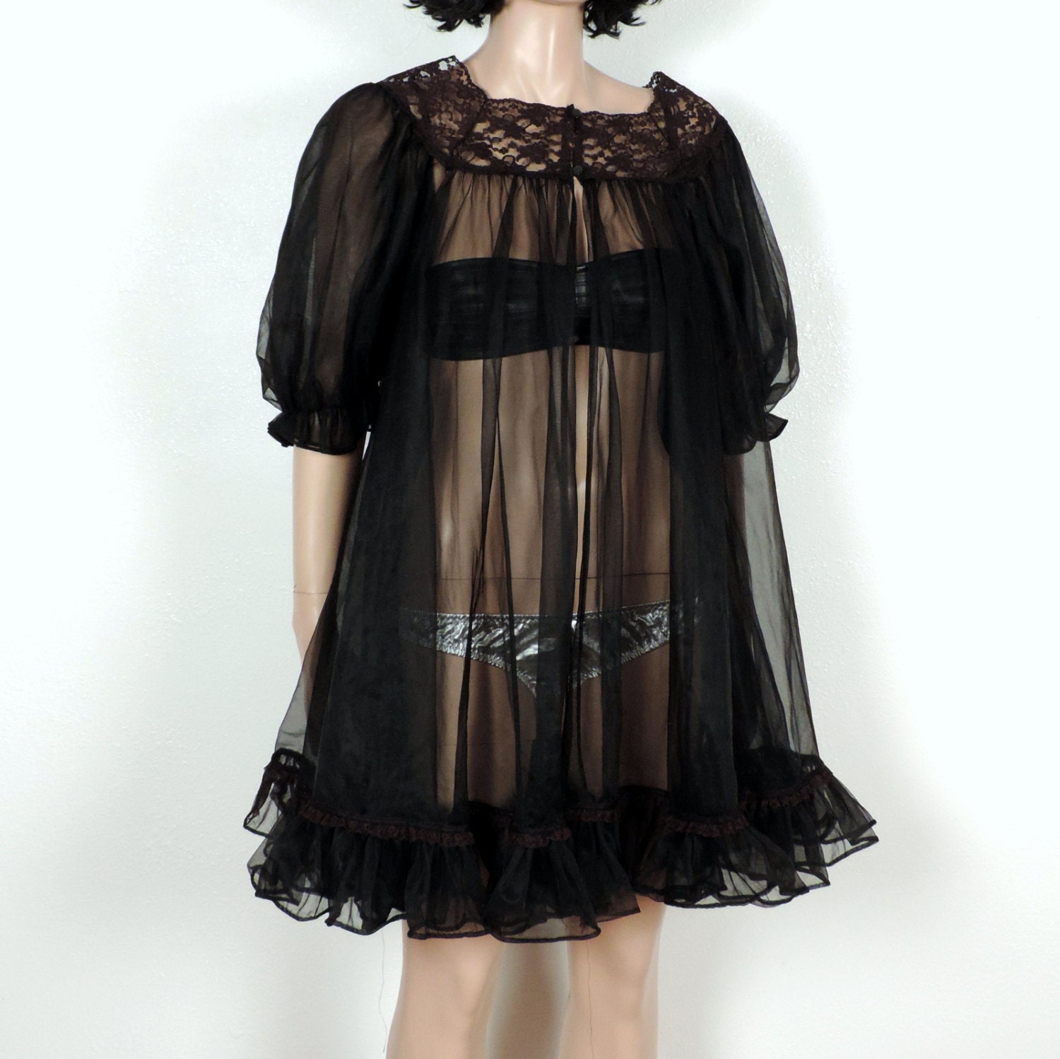 60s Vintage Peignor Negligee/ LISETTE 1960s Sheer Ruffled Mini