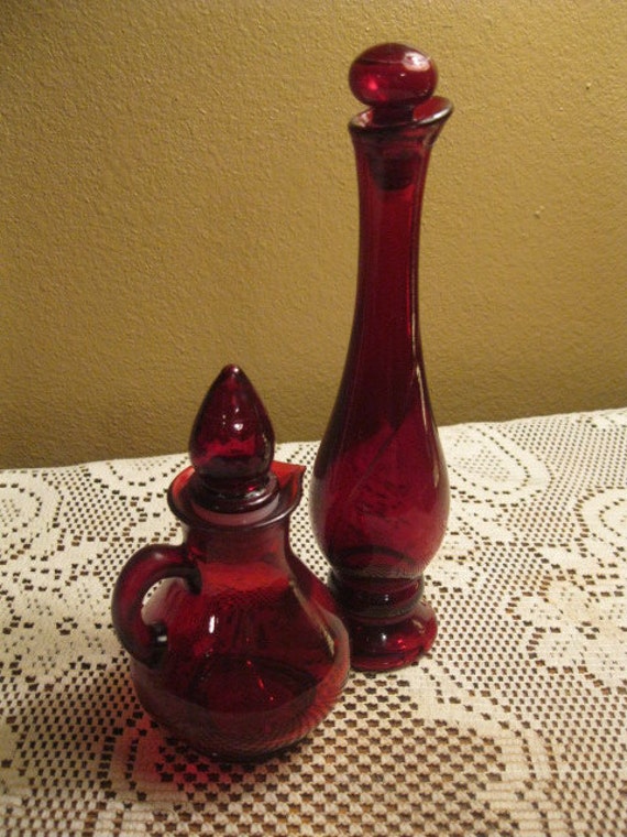 Set of two beautiful red glass Avon bottles. by DarcyDoesIt