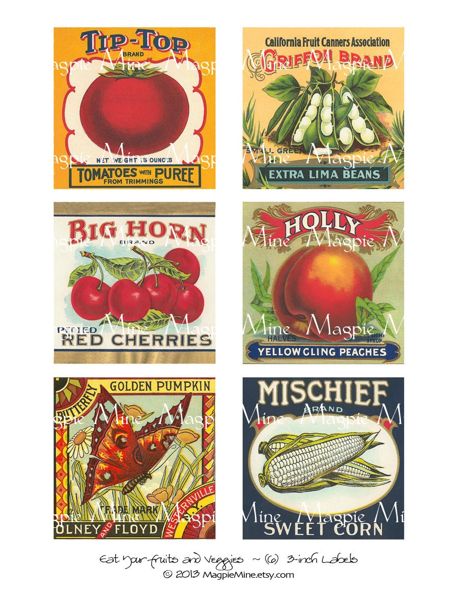 Instant Download Large Vegetable Labels Six Vintage Labels