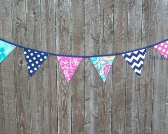 Fabric Pennant Banner. Pink Navy and Aqua. Bunting Banner. Birthday ...