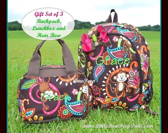 Set of 3 - Swinging Monkeys Monogrammed Backpack, Lunch Box and Hair ...